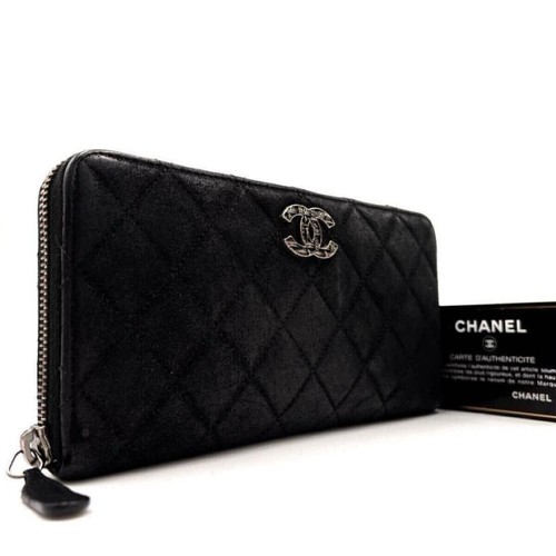 Chanel Long Wallet Coco Mark Round Zip Quilted Black Used Excellent+ ...