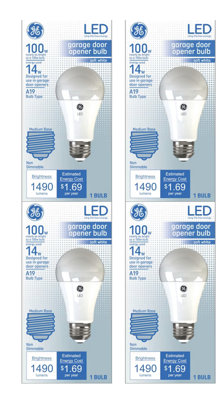 (case of 4) GE Lighting LED A19 Garage Door Opener Bulb, Frosted Soft ...