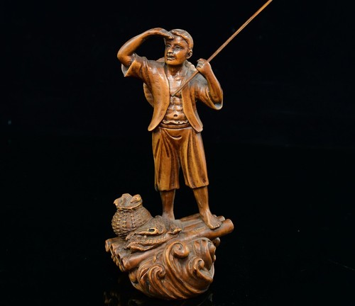 Chinese Vintage Boxwood Carving Old Fisherman Statue Home Wooden ...