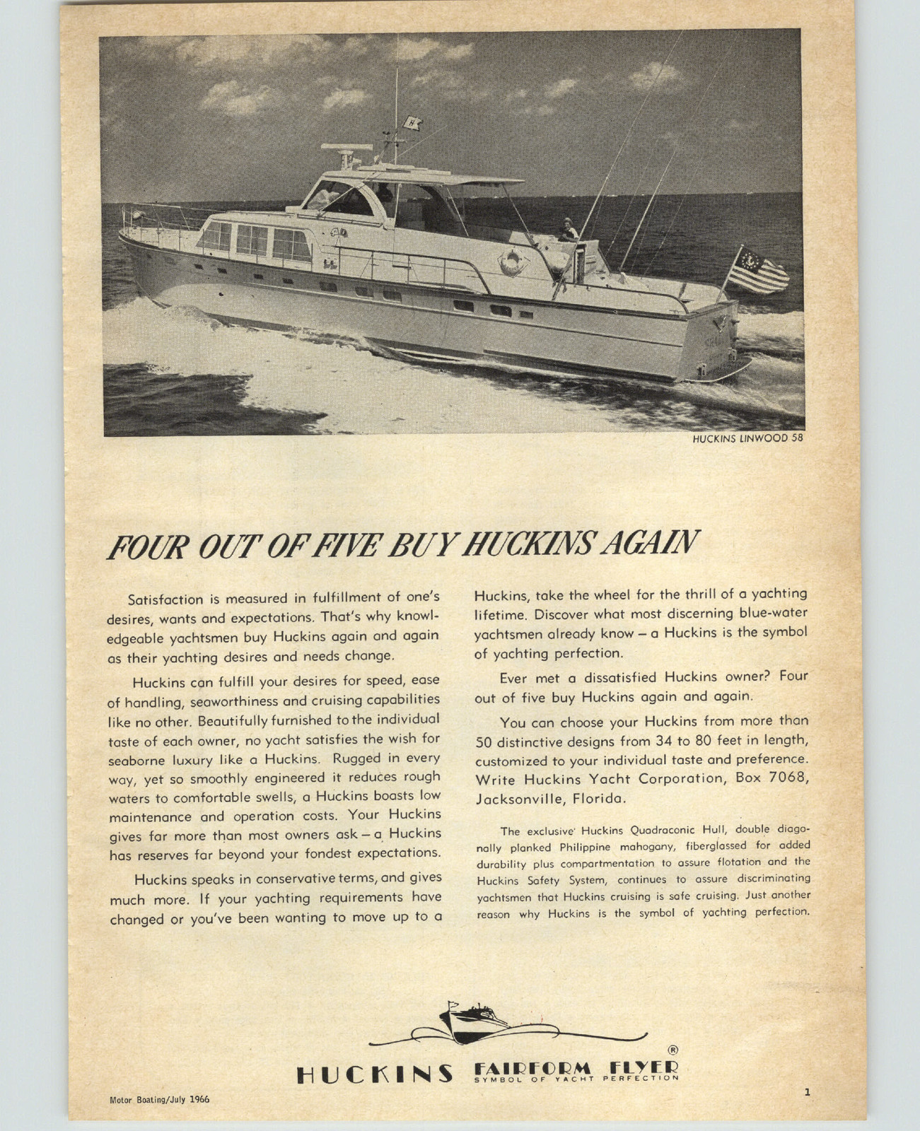 1966 PAPER AD Huckins Fairform Flyer Motor Boat Yacht 58' Linwood Revel ...