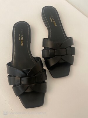 SAINT LAURENT YSL TRIBUTE NU PIEDS Black LEATHER SLIDES SANDALS SIZE 36 ...