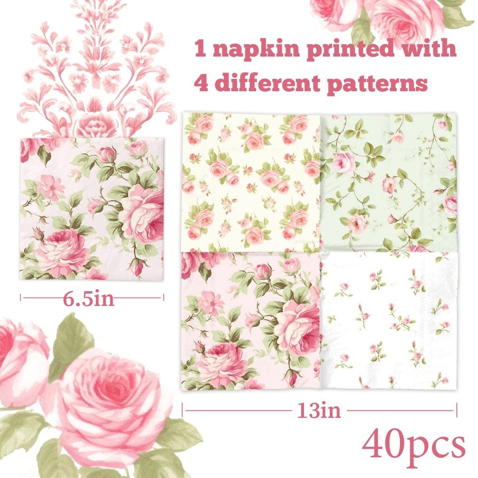 40Pcs Floral Napkins-Spring Disposable Paper Napkins Vintage Rose Floral Deco... | eBay