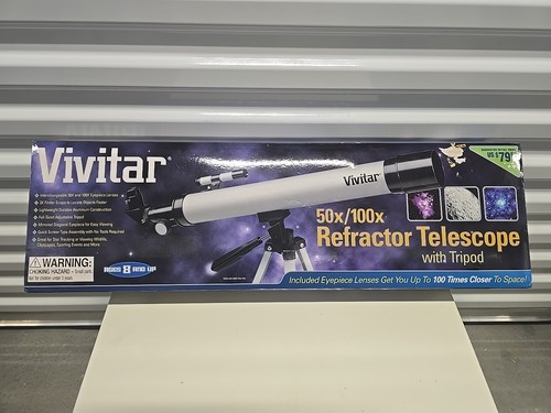 VIVITAR 50x/100x REFRACTOR TELESCOPE w/TRIPOD Lens Cap Silver & Black ...
