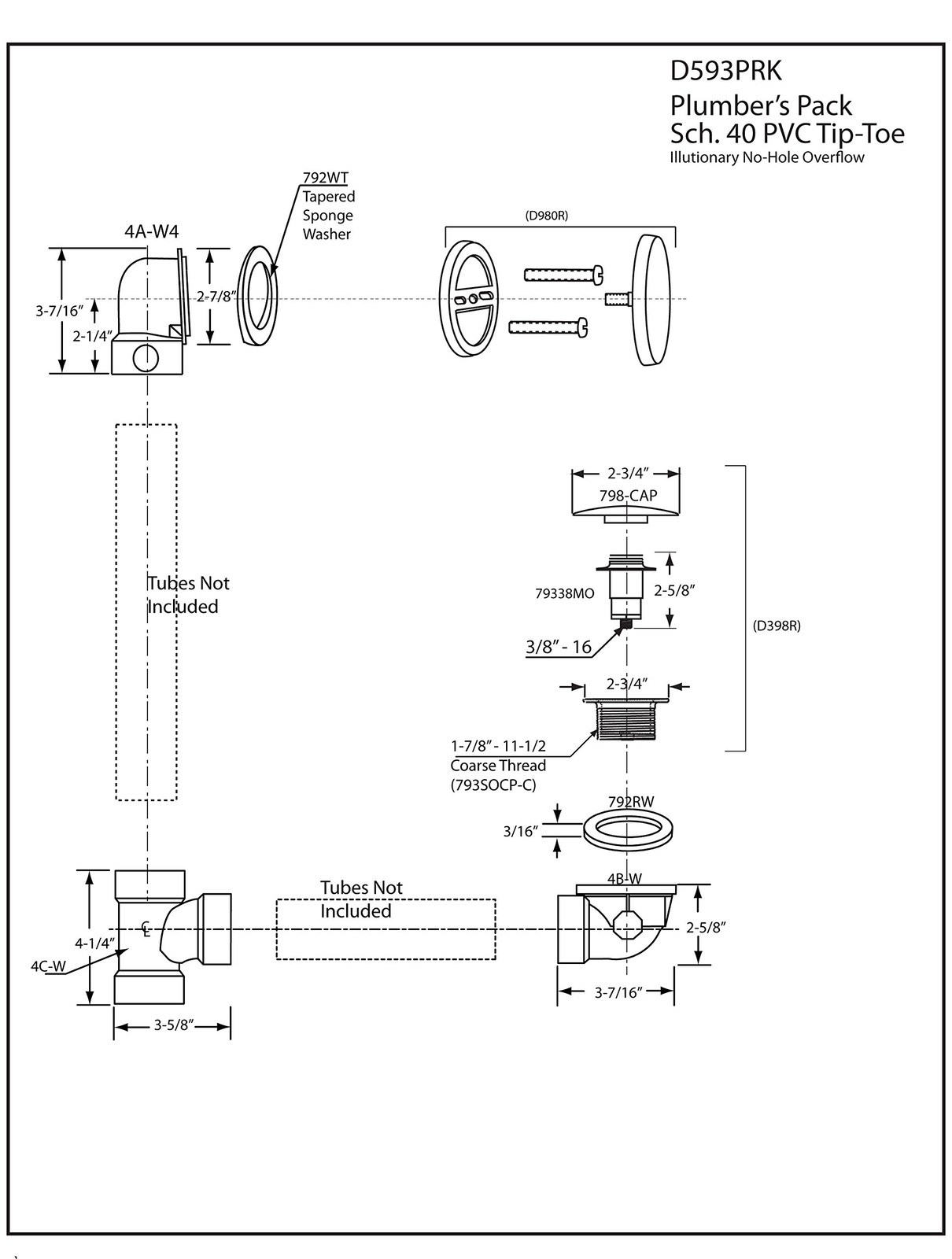 Illusionary Overflow Sch. 40 PVC Plumbers Pack with Tip-Toe Bath Drain ...