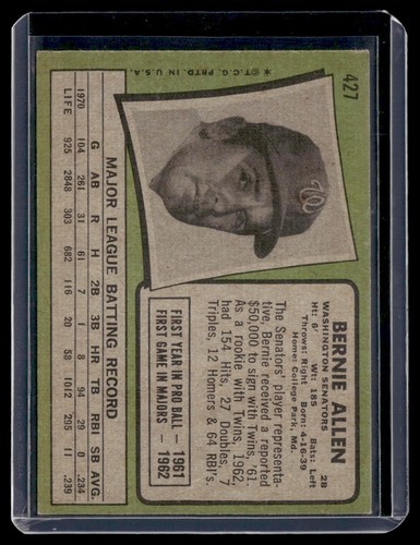 1971 TOPPS BERNIE ALLEN WASHINGTON SENATORS #427 | eBay