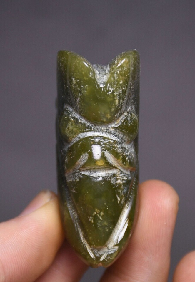 5CM Hongshan Culture Hetian Green Jade Carve People Face Cigale Pendant ...