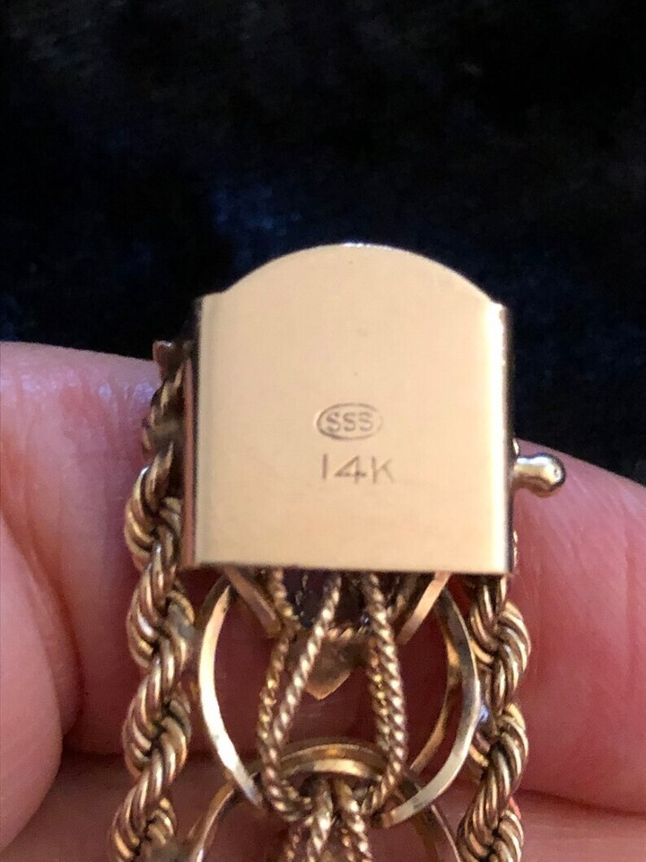 Vintage Solid 14K Yellow Gold Heart Rope Chain Design Link Bracelet 7 1 ...