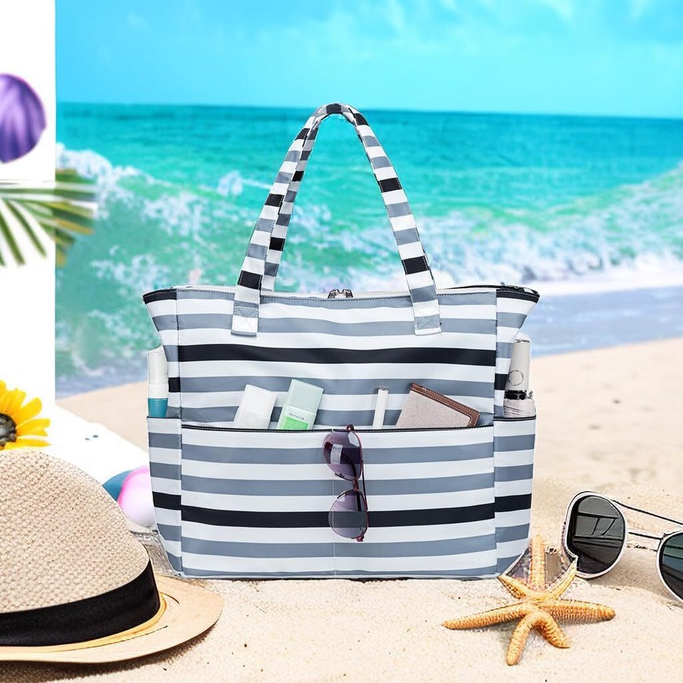 Beach Bag Waterproof Sandproof Women Tote Bag Pool Bag with Zipper for ...