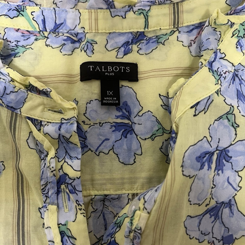 TALBOTS Soft Cotton Popover Top Ruffled Blue/Yellow Floral - Long Sleeve - Sz 1X | eBay