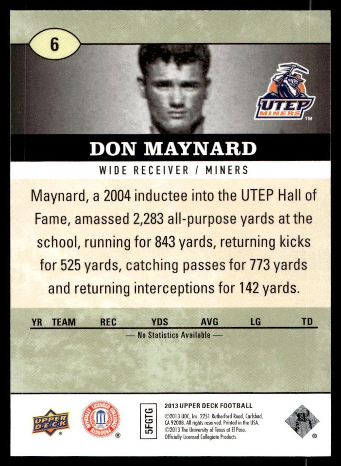 2013 Upper Deck 6 Don Maynard UTEP Miners Football Card | eBay