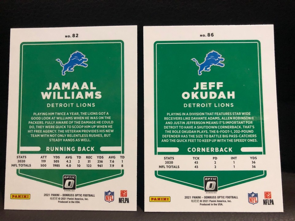2021 Donruss Optic Jeff Pkufah # 86 & Jamaal Williams #82 Detroit Lions ...