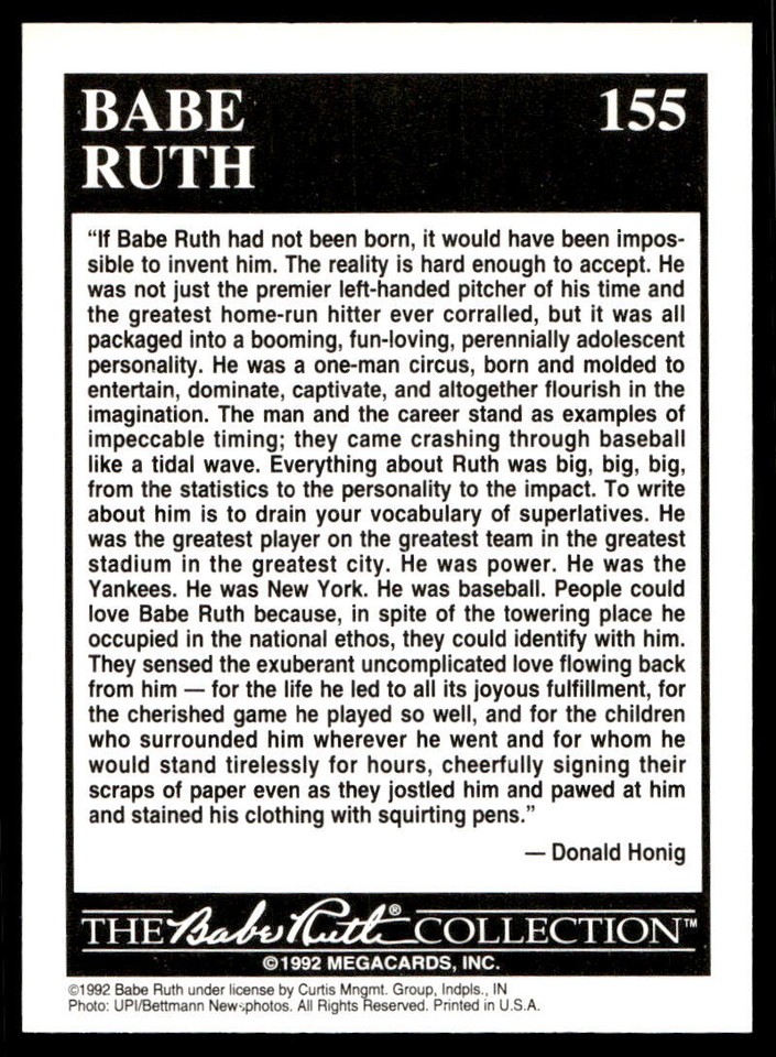 1992 Megacards Babe Ruth 155 Being Remembered by Donald Honig | eBay