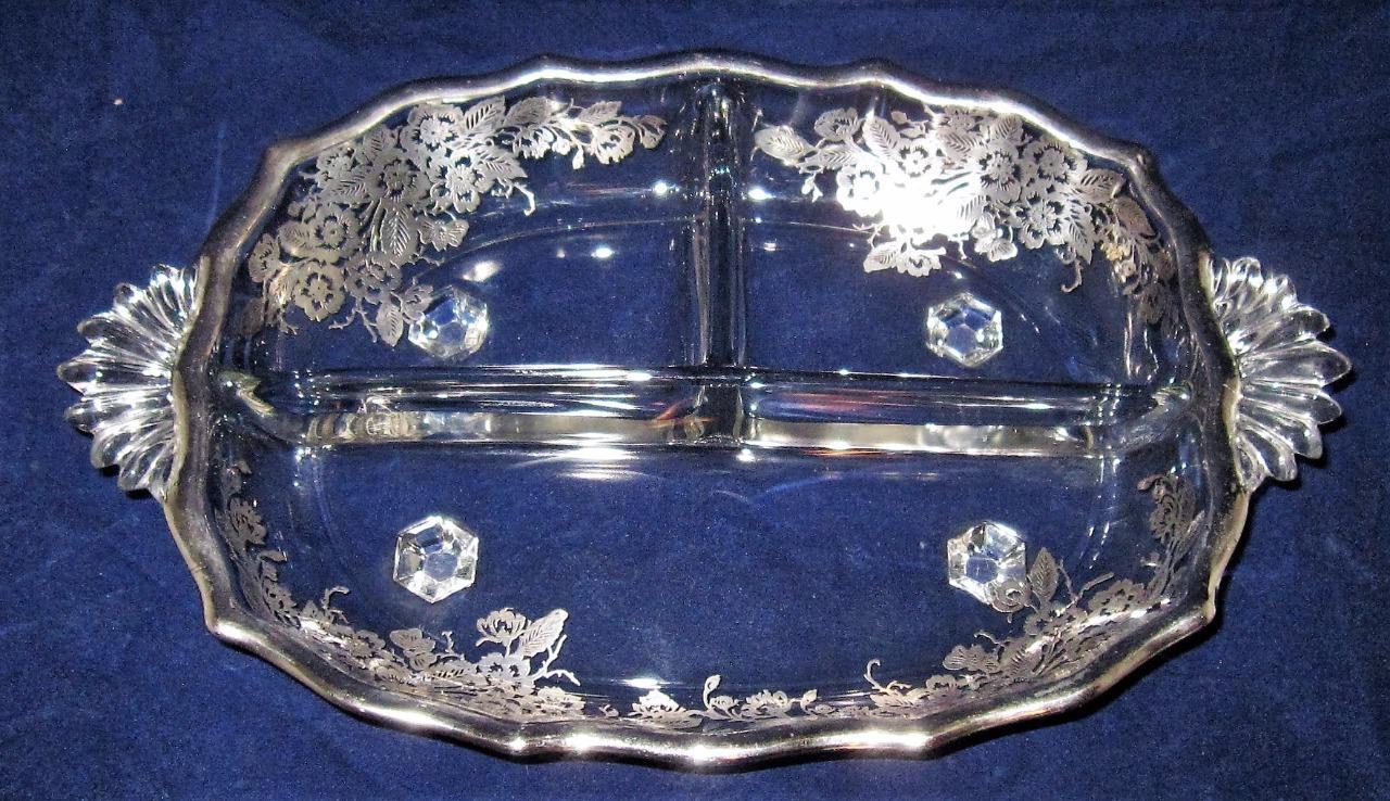Silver Overlay, 3-Part Relish Dish, Footed Divided Dish, 12 3/8" by 7 5 ...