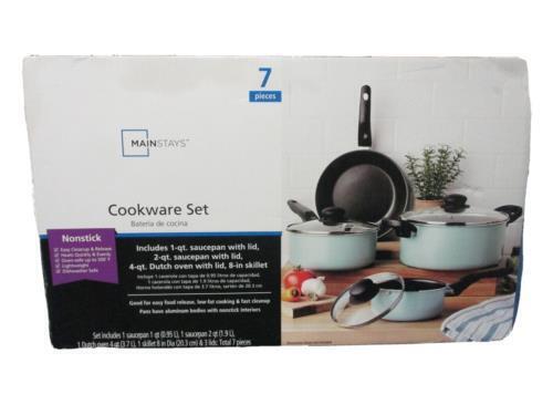 Mainstays 7 Piece Non-Stick Cookware Set Aluminium Mint, Dishwasher ...