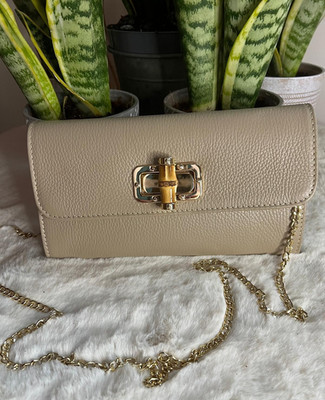 Borsa Mary pochette e tracolla colore beige vera pelle bambù cerimonia ...
