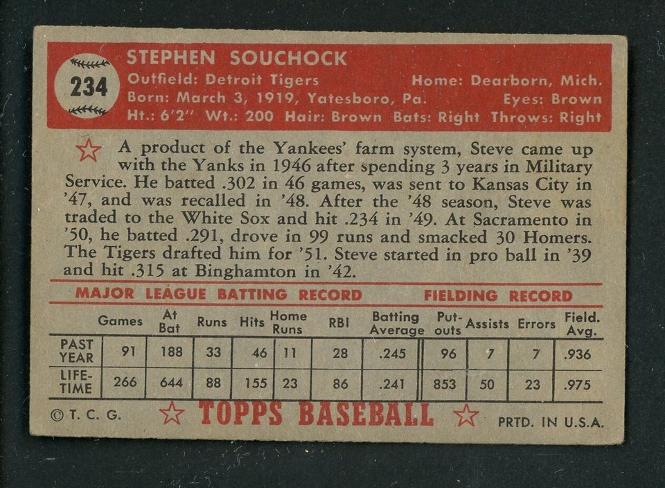 1952 Topps Steve Souchock Detroit Tigers #234 | eBay