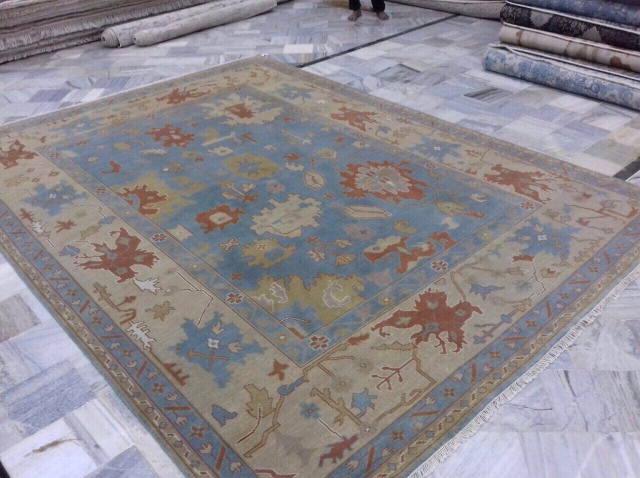Spectacular Oriental area Rug / Knotted Original Oushak Rug Blue wool 9 ...