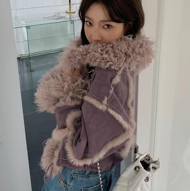 Rabbit Fur Coat Women's Short Biker Jacket Lamb Fur Collar Punk Leather ...