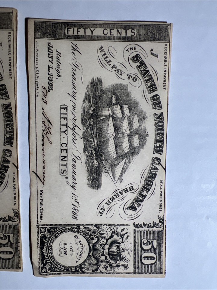 North Carolina- 1866 50 cent note - Lot Of 3 Consecutive Numbers | eBay