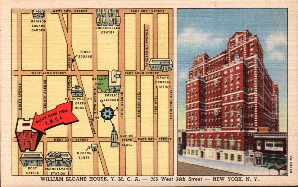 1930s William Sloane House YMCA Map City 34th Street New York NY Linen ...