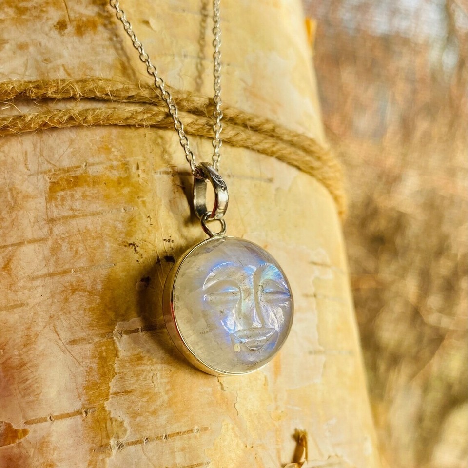 Natural Rainbow Moonstone Carved Moon Face Round Shape Sterling Silver ...
