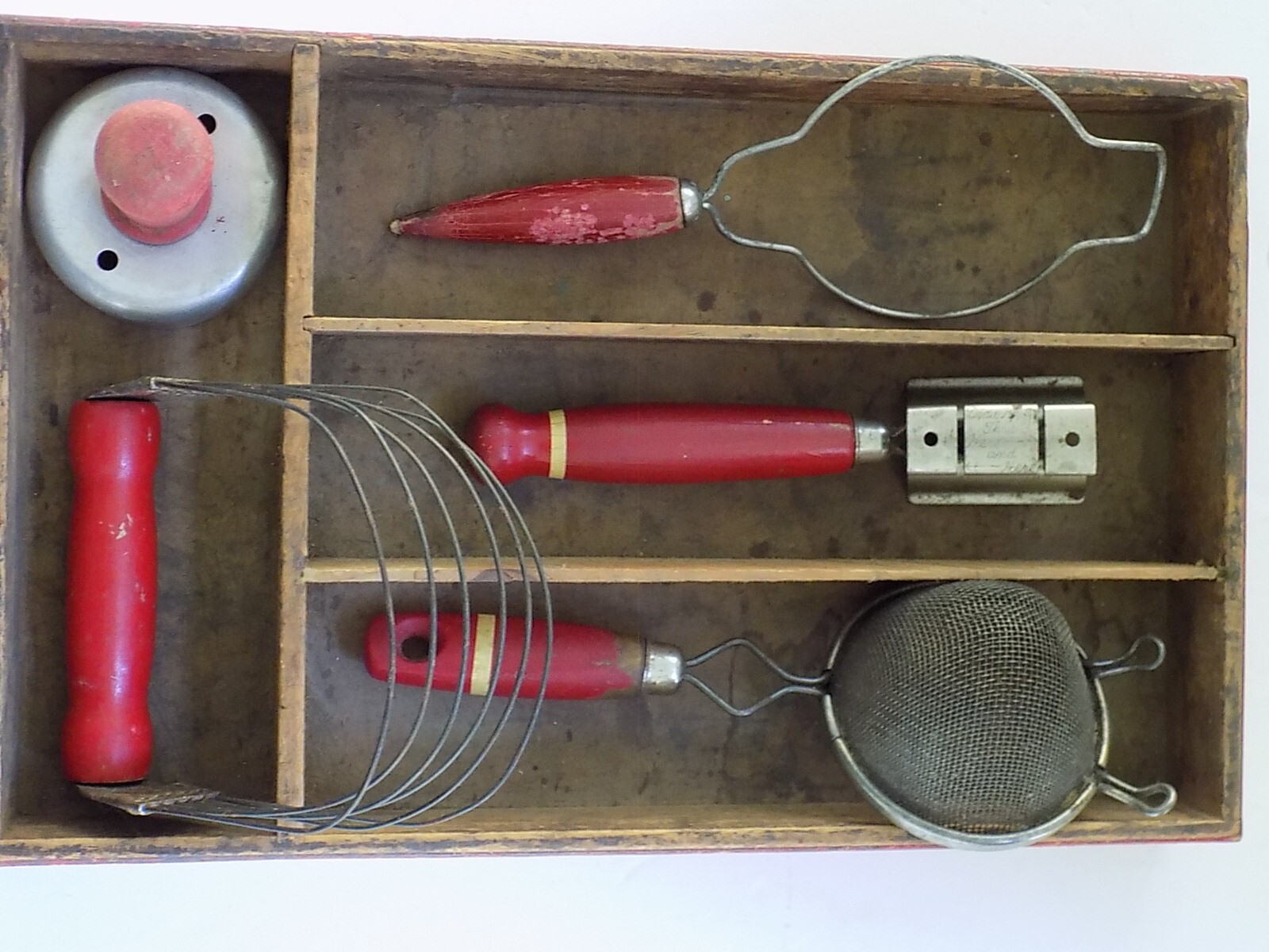 5 Antique Red Wood Handle Kitchen Tools in Red Wooden Tray | eBay