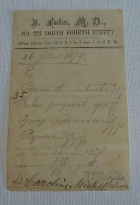 ORIG 1879 DOCTOR PRESCRIPTION RX PHARMACY SLIP FOR MEDICATION | eBay
