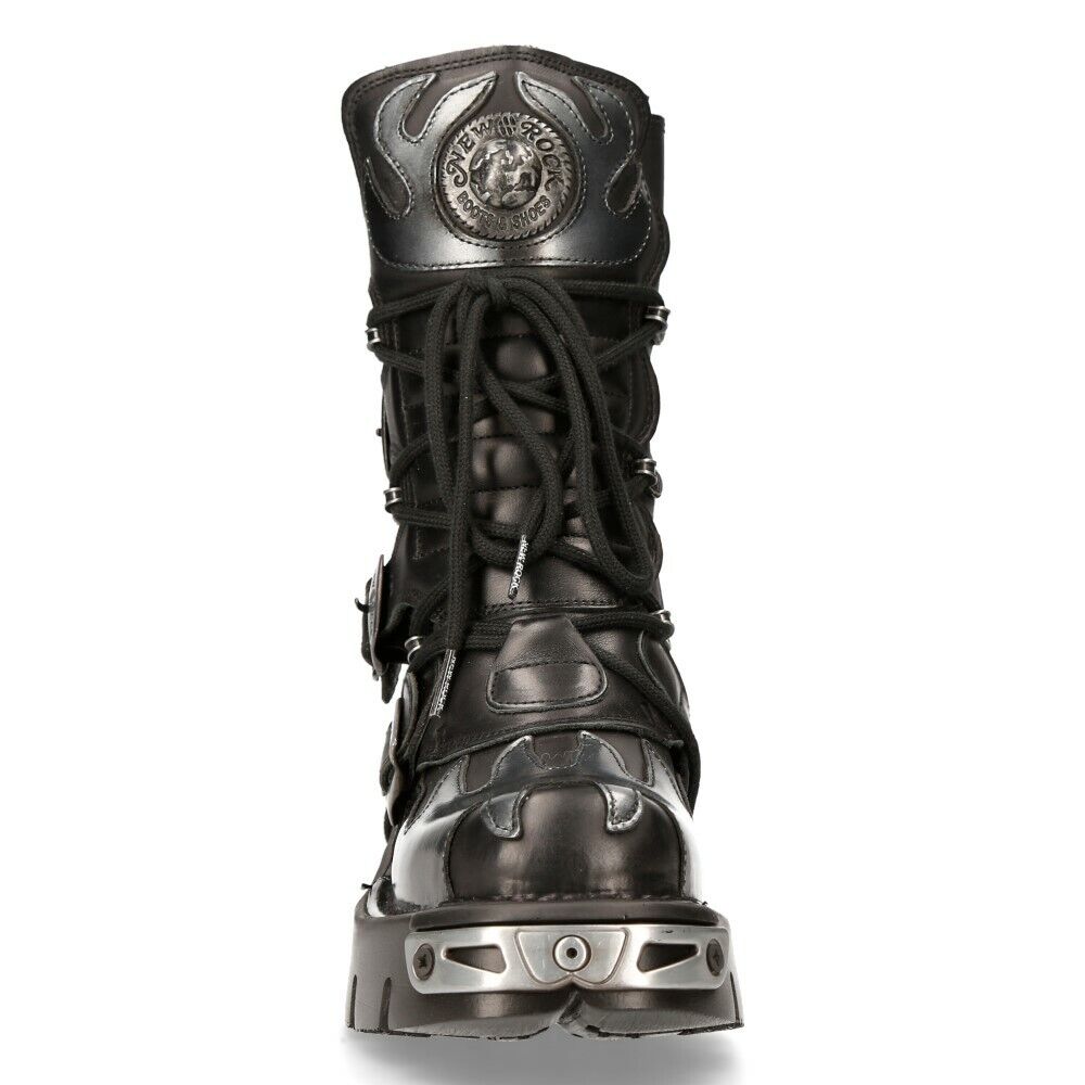 New Rock 591-S2 Silver Flame Boots Metal Black Leather Heavy New Rock 591-S2 Silver Flame Boots Metal Black Leather Heavy