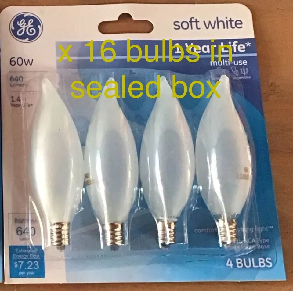 x 16 GE 60w Frosted White Flame Tip Shape CA-Type Light Bulbs w ...