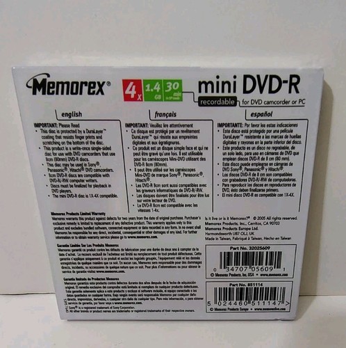 Memorex Mini DVD-R for Camcorders 1.4 GB 30 min NEW / SEALED | eBay