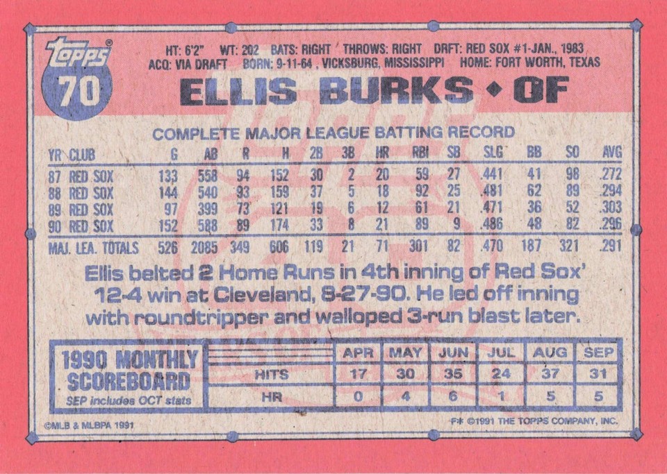 1991 Topps Ellis Burks Boston Red Sox #70 | eBay