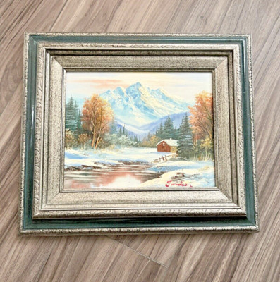 Vintage Signed Winter Sunset Cottage Still Life 14 x 16 Frame Oil ...
