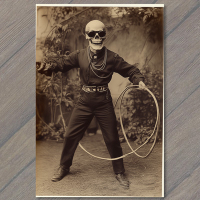 POSTCARD Cowboy Skeleton With Hoop Chains Sunglasses Creepy Rodeo ...