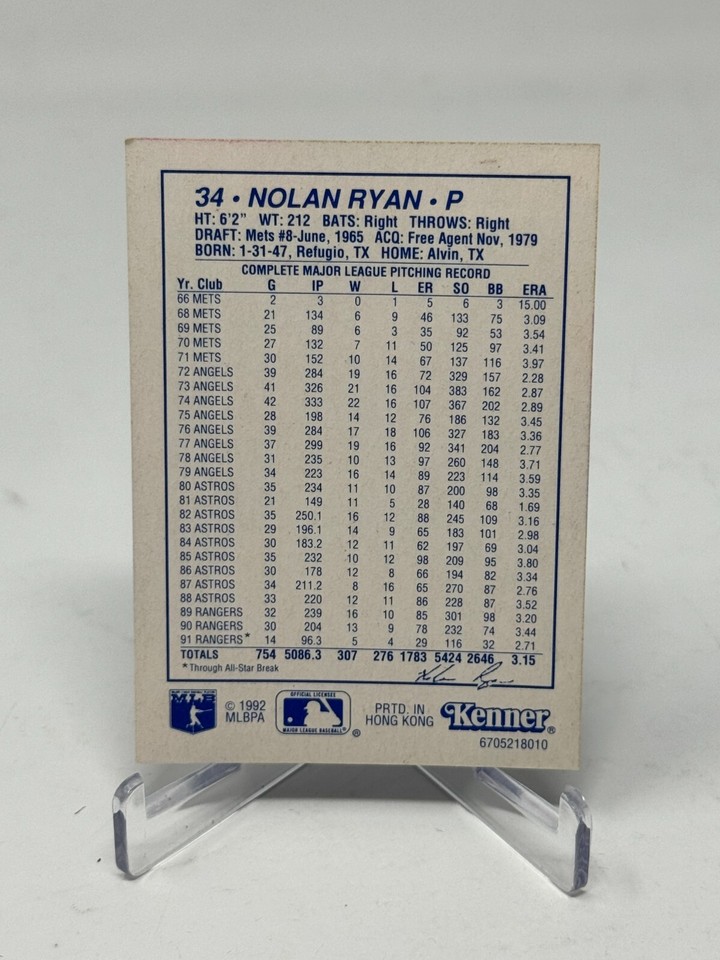 1992 Kenner Baseball Nolan Ryan Starting Line Up Card EX | eBay