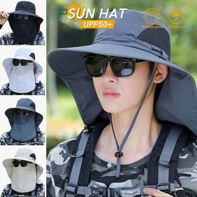 Outdoor UV Protection Cover Sun Hat Face Neck Flap Cap Wide Brim Beach ...