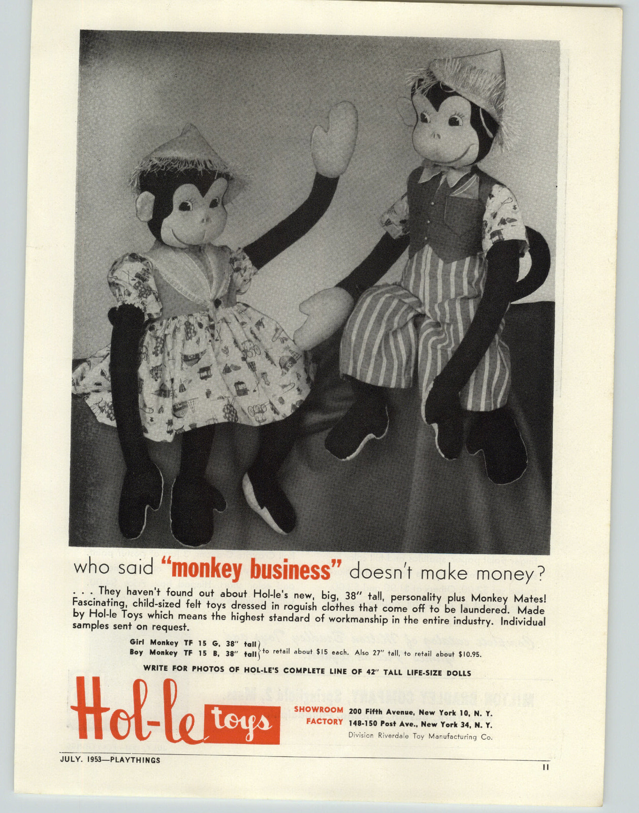 1953 PAPER AD Hol-Le Holle Stuffed Animals Plush Monkey Business 38 ...