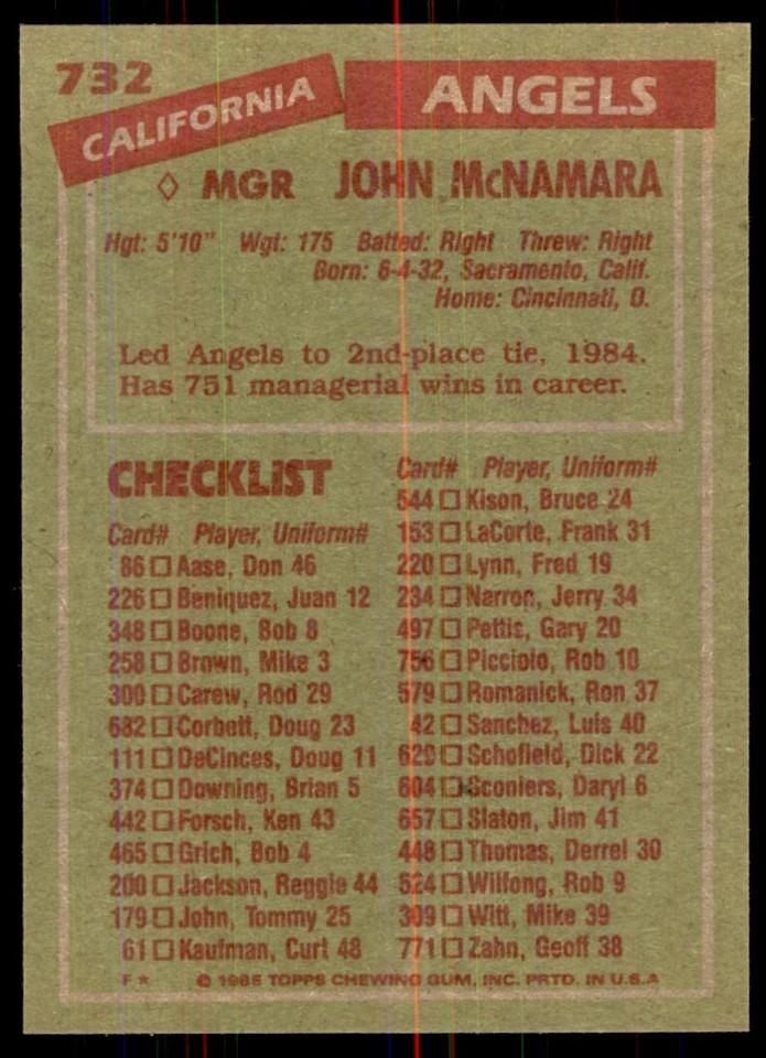 1985 Topps. John McNamara Baseball Cards #732 | eBay