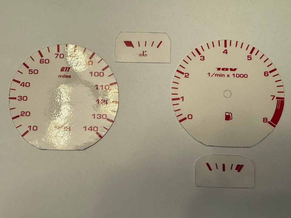 VW MK2 16V 140mph 8K Tach Gauge Face Overlays | White | Red