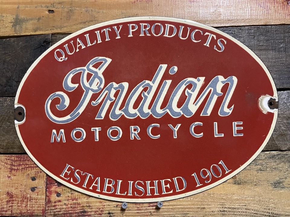 VINTAGE INDIAN MOTORCYCLE PORCELAIN SIGN MOTOR BIKE SALES GAS OIL OLD ...