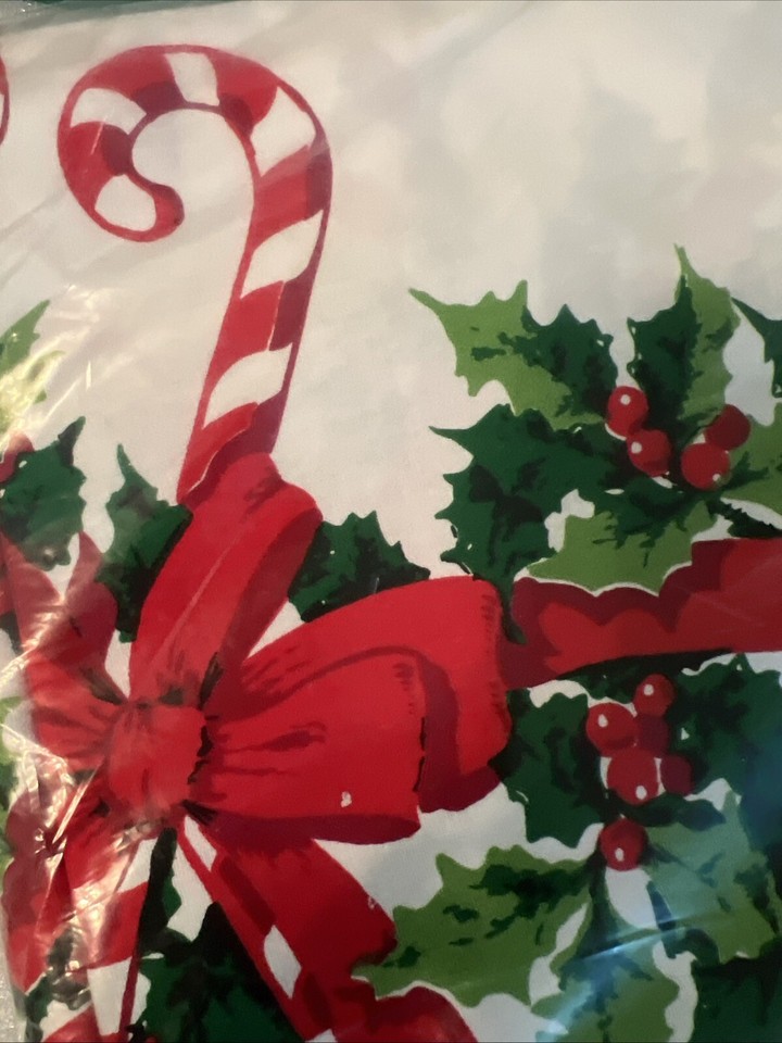 Vintage NEW Simtex Christmas Tablecloth Holly Candy Canes Ornaments ...