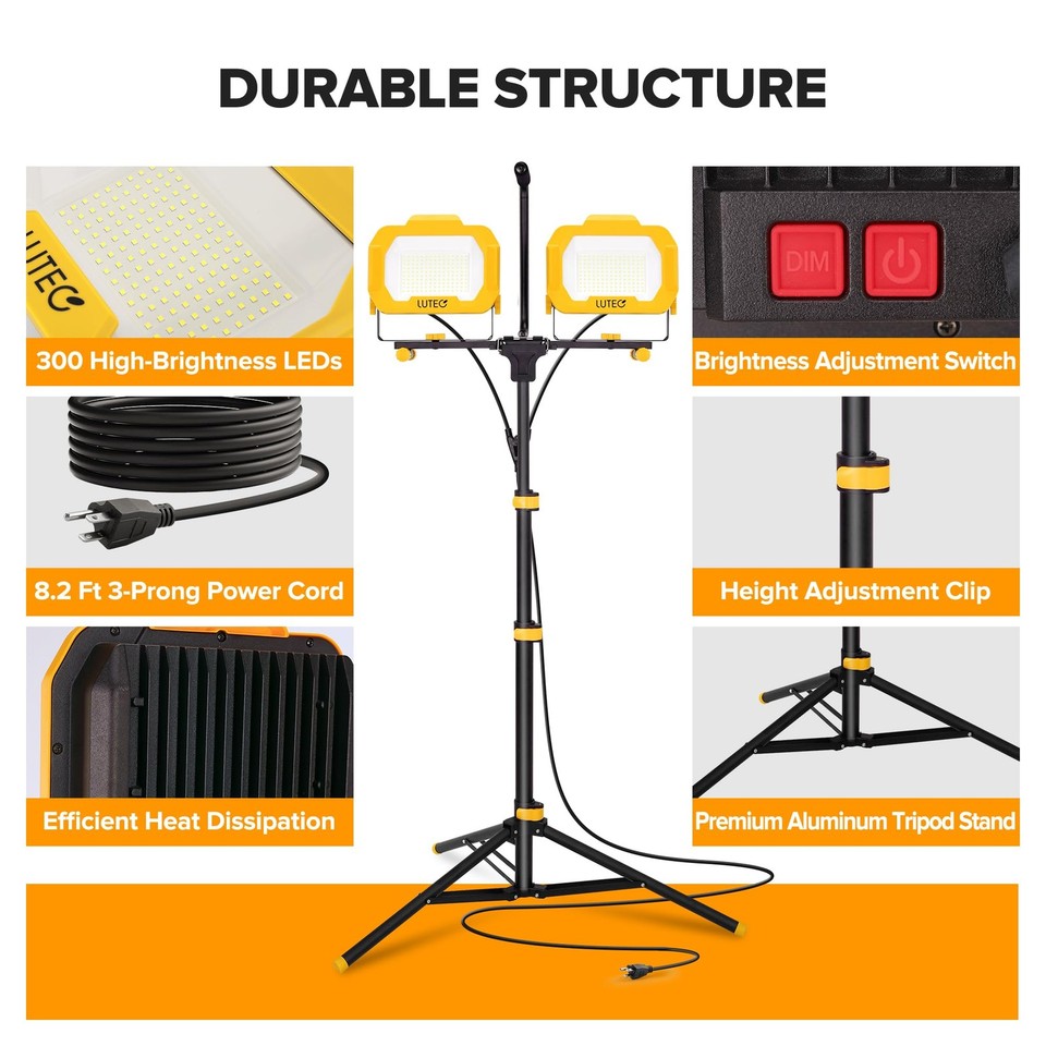 25000 Lumen LED Work Lights with Stand, Dual Head Dimmable Work Light ...