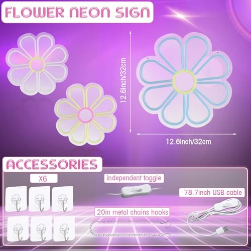 3 Pcs Large Neon Signs - 12.6 Inch Mute LED Flower Light up Signs USB ...