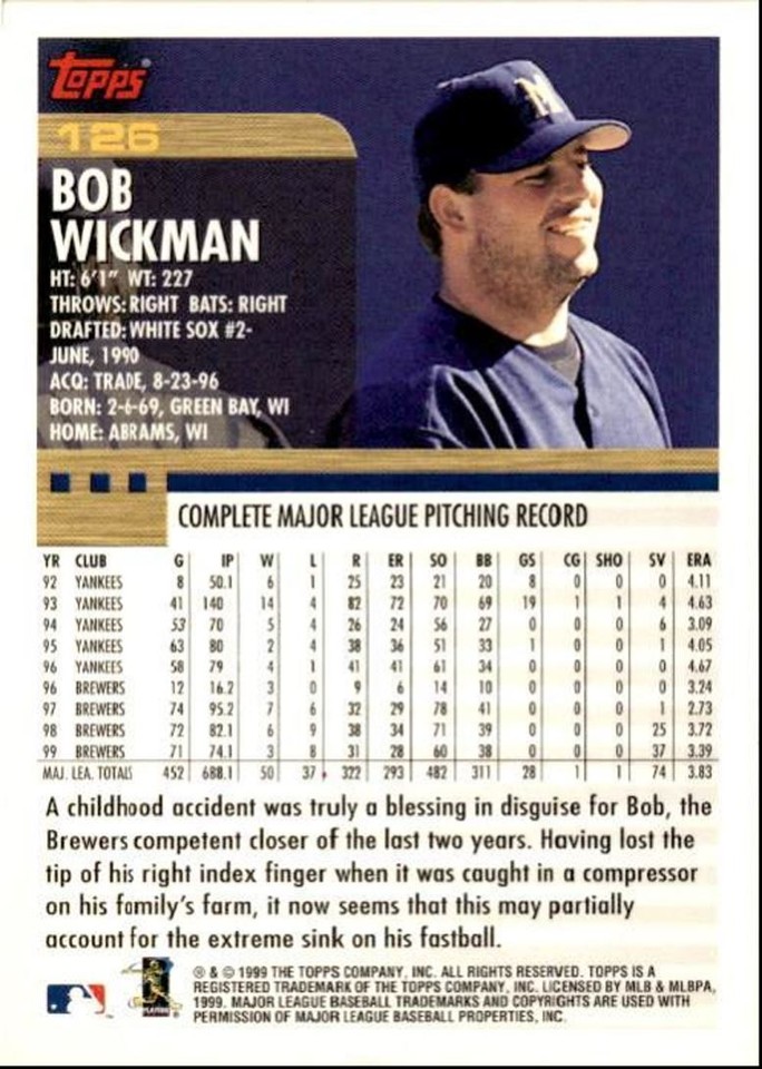 2000 Topps Baseball Card Bob Wickman Milwaukee Brewers #126 | eBay