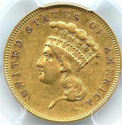 1862 $3 Gold Princess, PCGS AU-50, Very Attractive Gold Color, Very ...