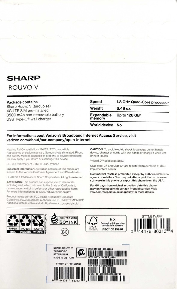 @ Verizon Prepaid Sharp Rouvo V 6.5"HD+/32GB/3GB RAM/8MP Turquoise ...