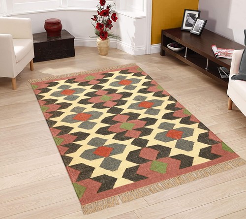 Handwoven Jute Wool Kilim Rust Area Rug Bohemian Flat-Weave Bedroom 4x6 ...