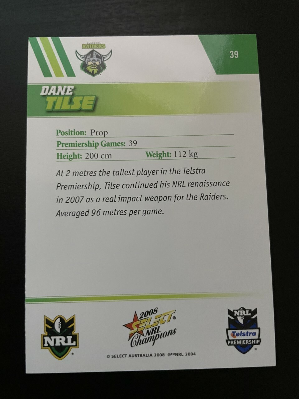 NRL 2008 Select Champions Trading Card #39 Dane Tilse - Canberra ...