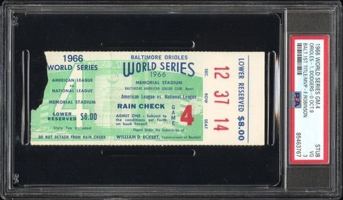 1966 World Series Game 4 Ticket Stub PSA Dodgers Orioles CLINCH Green ...
