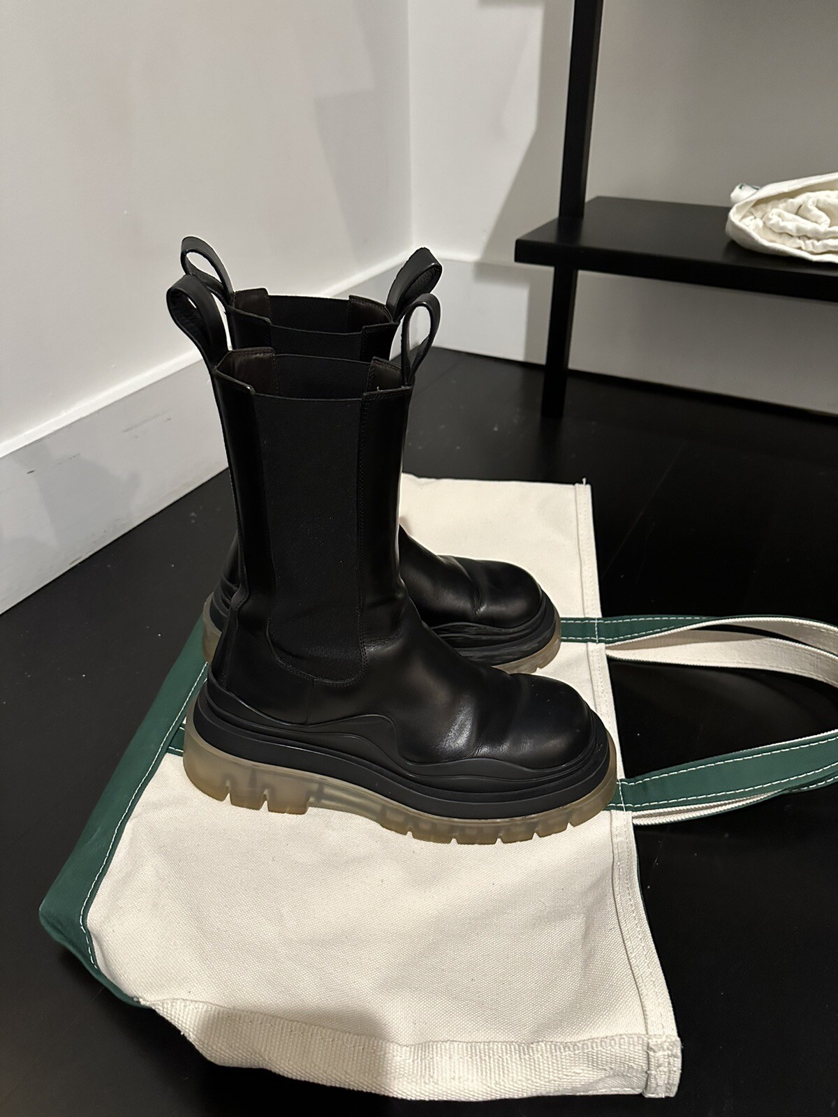 Bottega Veneta Tire Boot Black Leather Womens Size 38… - Gem