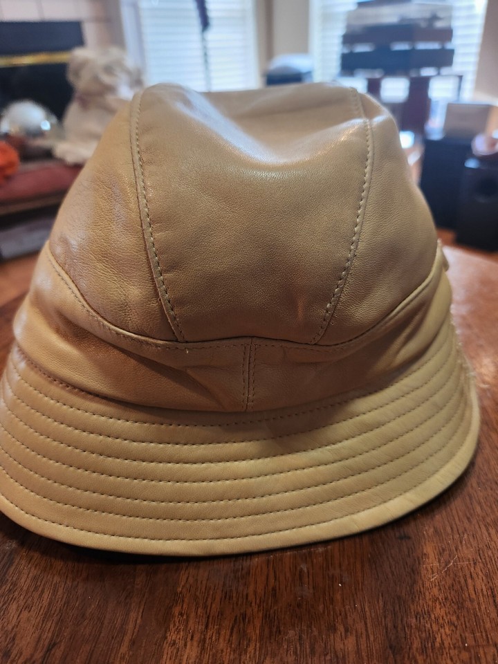 KOKIN NEW YORK The Packables Cream Bucket Hat Leather 80s Retro FISHING ...